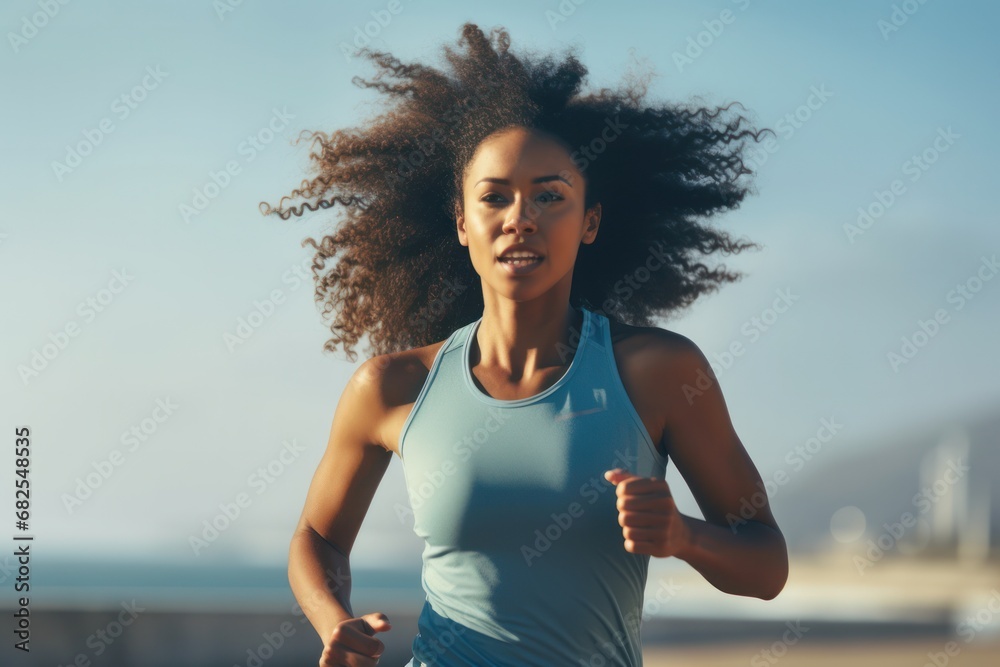Young afro american woman runner running on city bridge road against ...