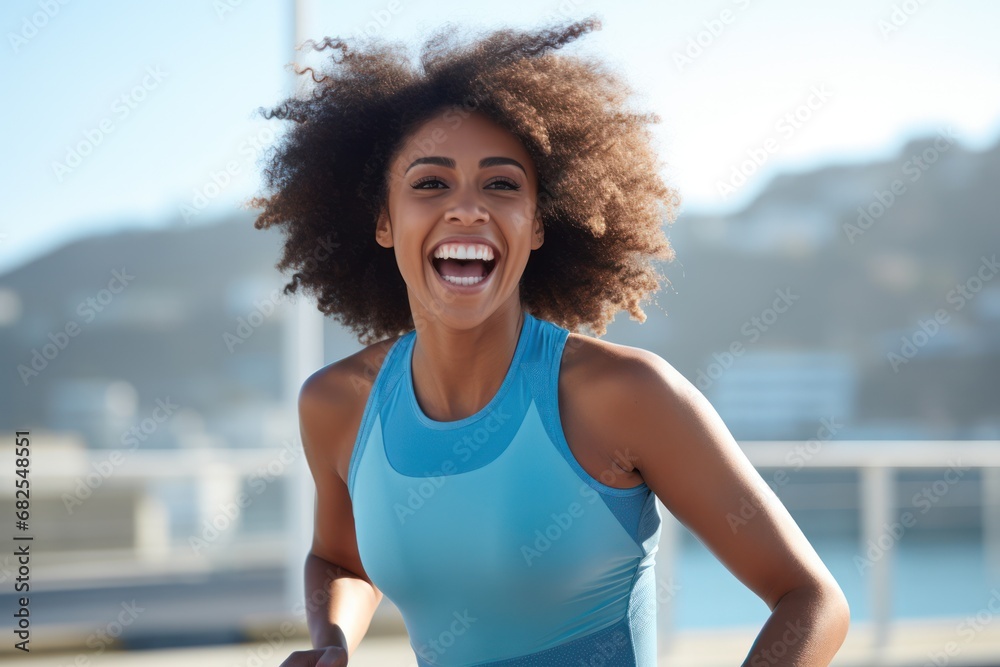 Young afro american woman runner running on city bridge road against ...