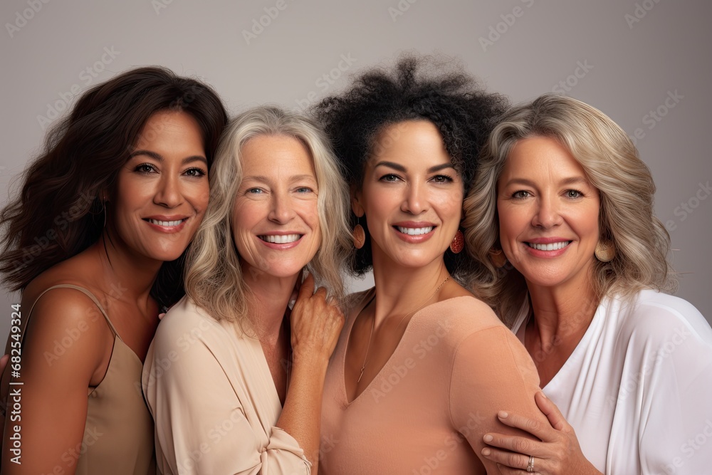 a diverse group of women friends, natural beauties in a skin-care ad ...