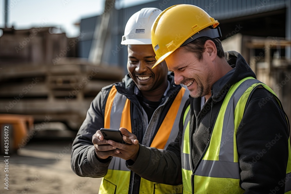 Poster, Foto a horizontal format of two construction workers looking at ...