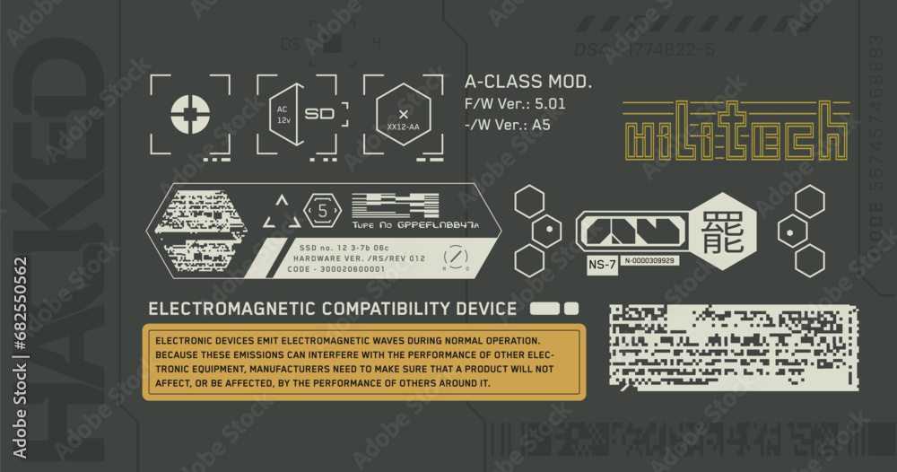 Cyberpunk decals set. Set of vector stickers and labels in futuristic ...