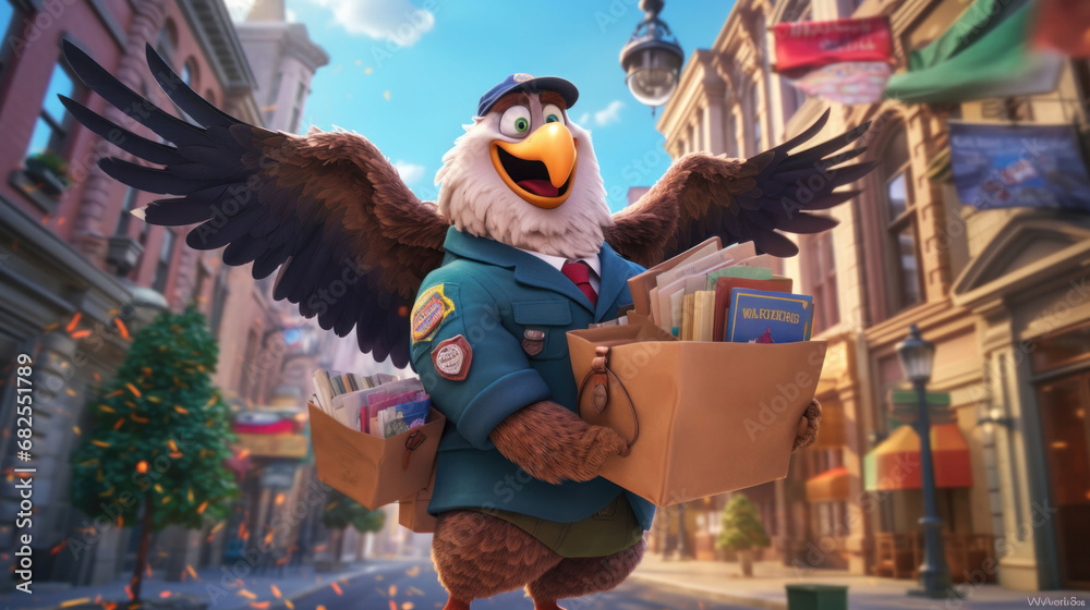 An eagle dressed as a postman spreads its wings on a city street ...