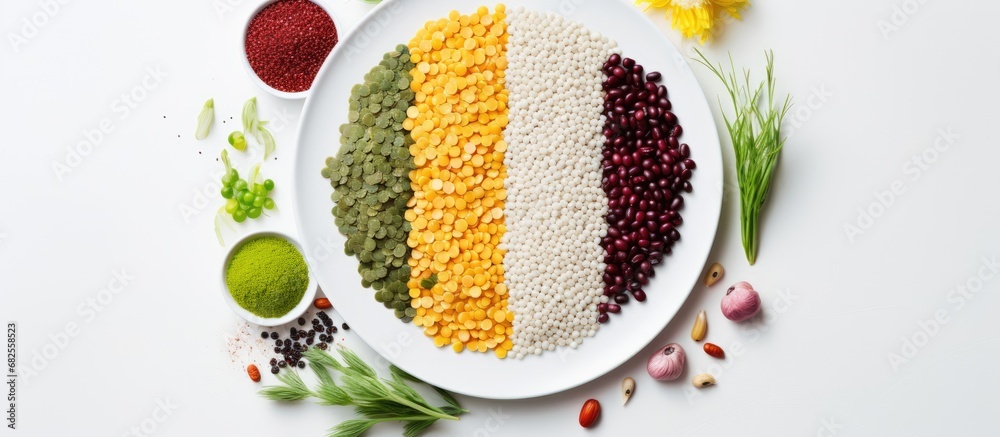 In an abstract design, a plate of healthy white rice, colorful grains ...