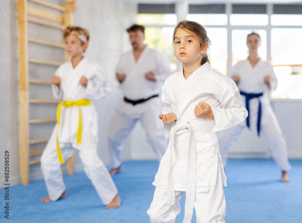 Family of karatekas with two children practicing karate techniques in ...