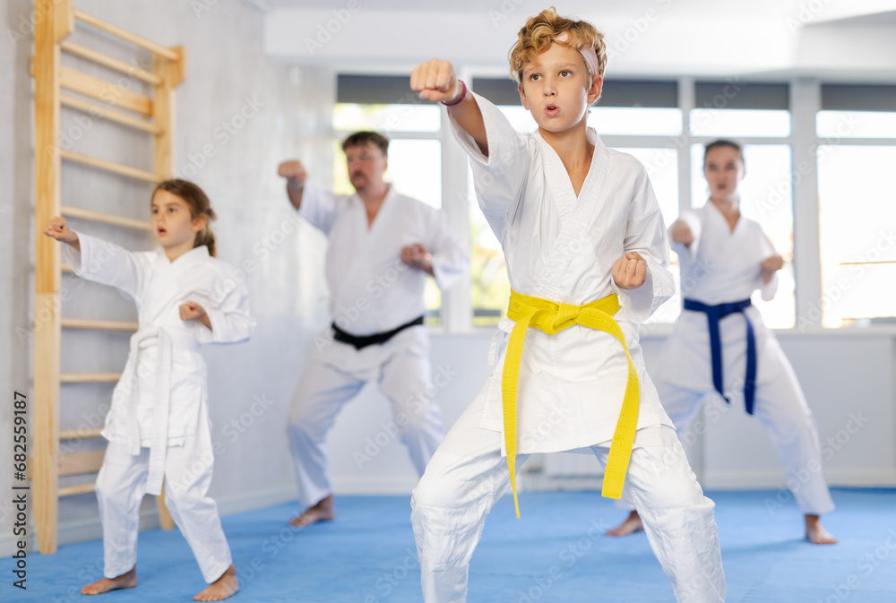 Kata karate teacher conducts classes and performs movements and ...