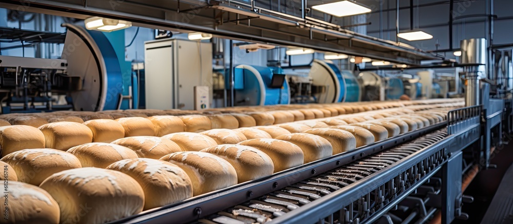 In the state-of-the-art bakery plant, the production line efficiently ...
