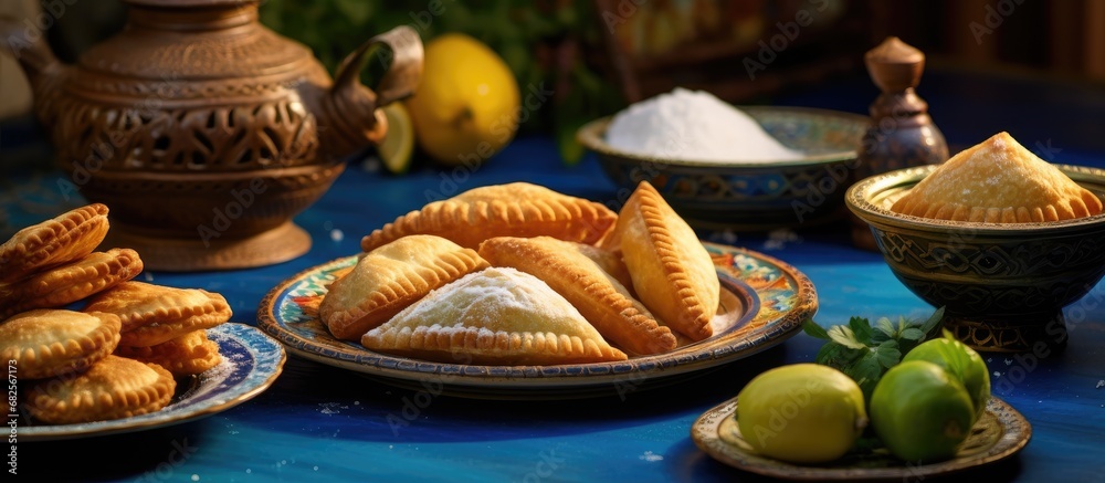 In the still life photography of a Middle Eastern breakfast spread ...