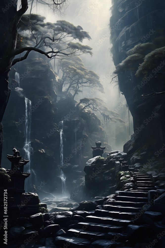 waterfall middle rocky area gorgeous grim orientalism steps temple ...