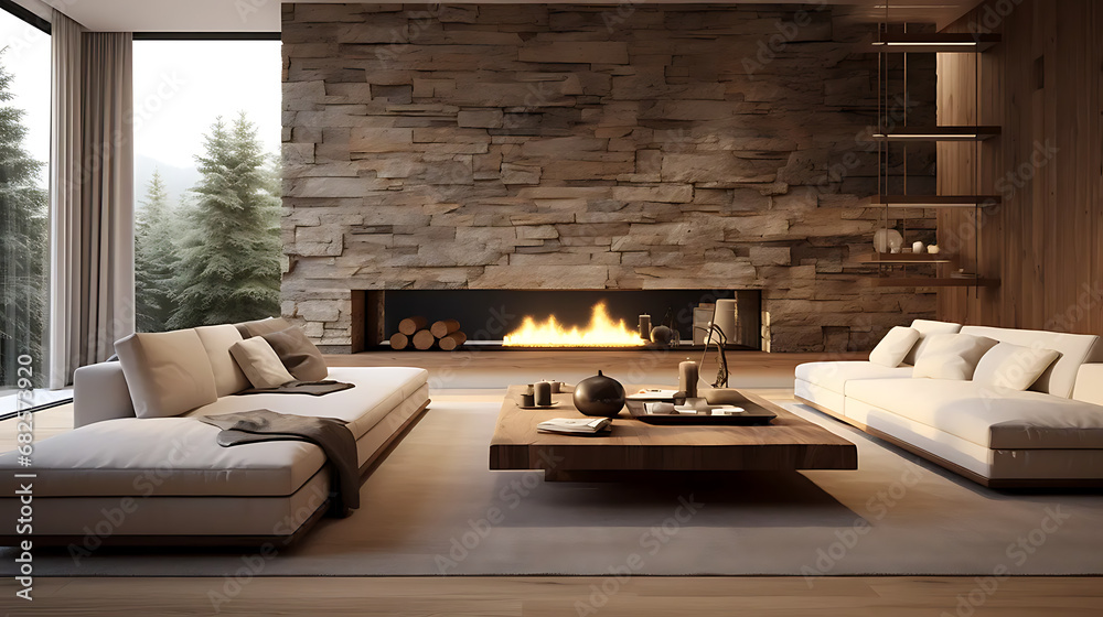 Wooden live edge accent coffee table between white sofas by fireplace ...