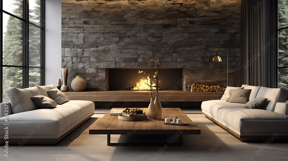 Wooden live edge accent coffee table between white sofas by fireplace ...