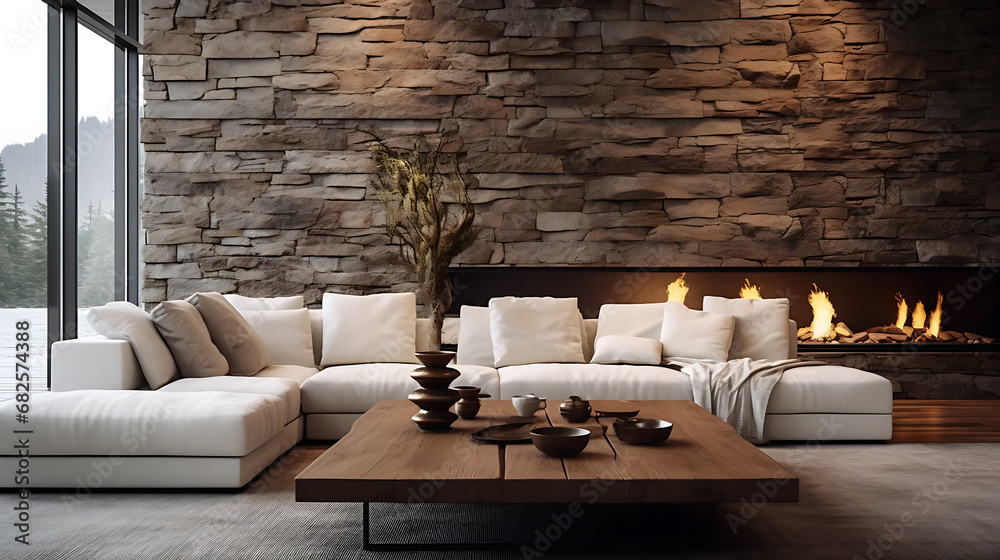 Wooden live edge accent coffee table between white sofas by fireplace ...