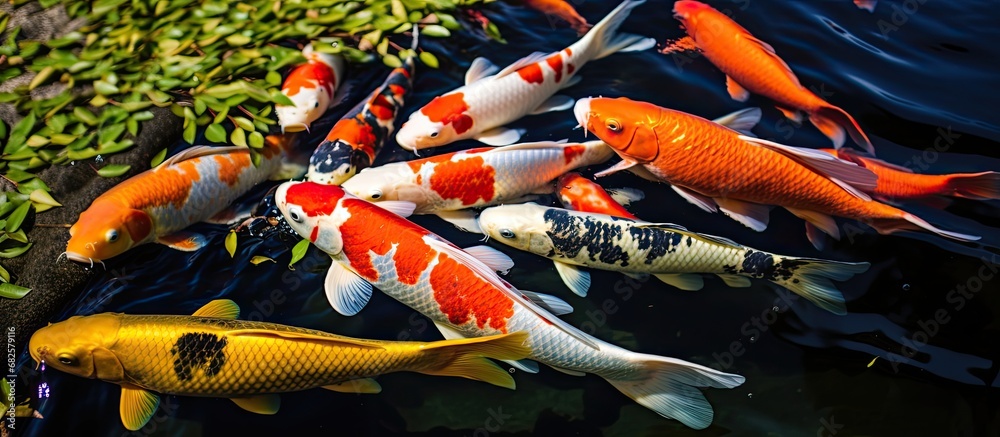 In the picturesque Japanese garden, a beautiful and colorful pond ...