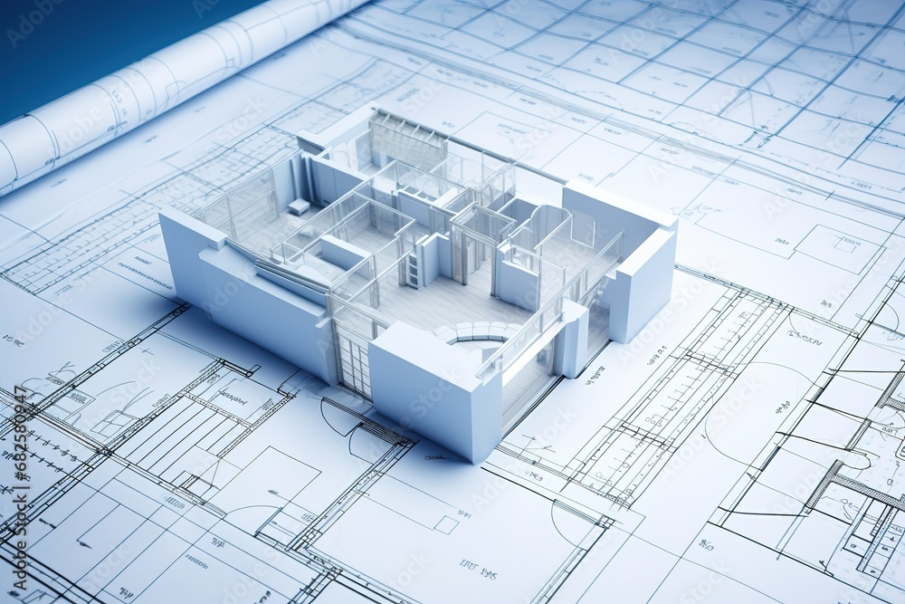3D Bauplan Darstellung von einem Haus. Architekten Bauzeichnung mit 3D ...