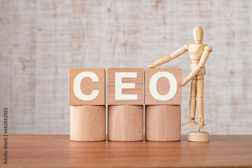 There is wood cube with the word CEO. It is an abbreviation for Chief ...