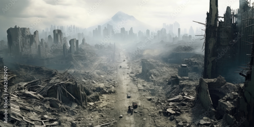 Destroyed city view, panorama of buildings ruins and urban destructions ...