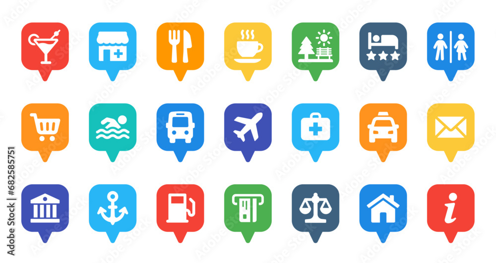 Location map marker icon set. Map pin of restaurant, coffee, park ...