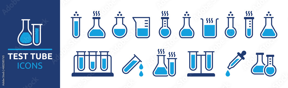 Test tube icon set, different kind of flask, beaker and graduated ...