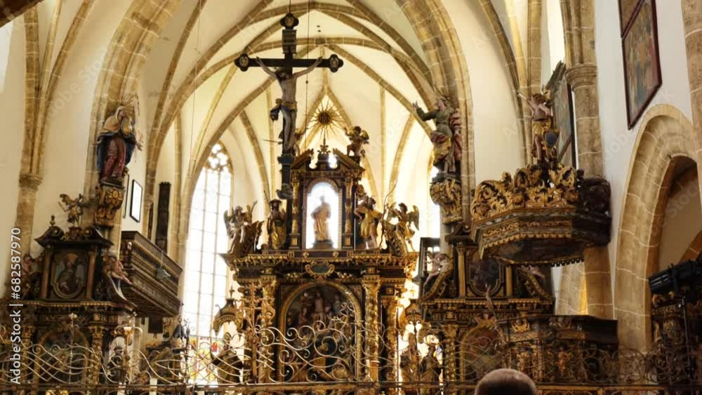 Jesus Christ on the cross in a church building.Catholic Church inside ...