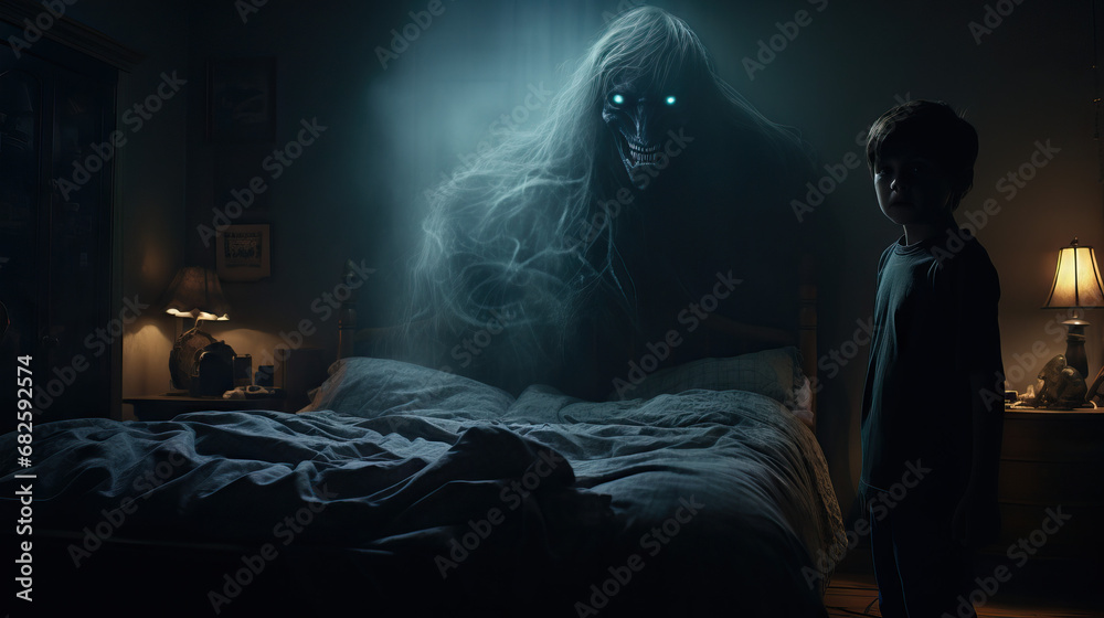 Horrifying child paranormal encounter with ghost in bedroom. Concept of ...