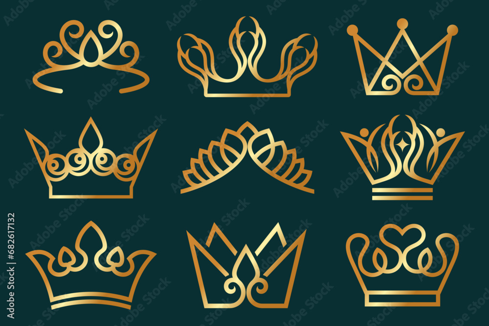 Set of linear crown icons. Royal, luxury symbol. King, queen abstract ...