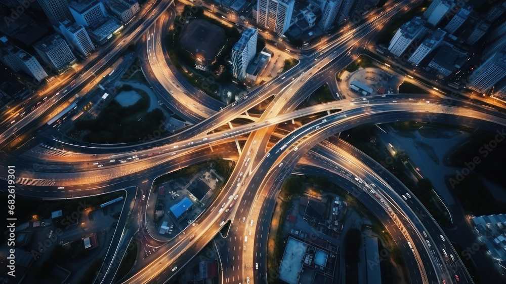 top view , night , roundabout interchange of a city, Expressway is an ...
