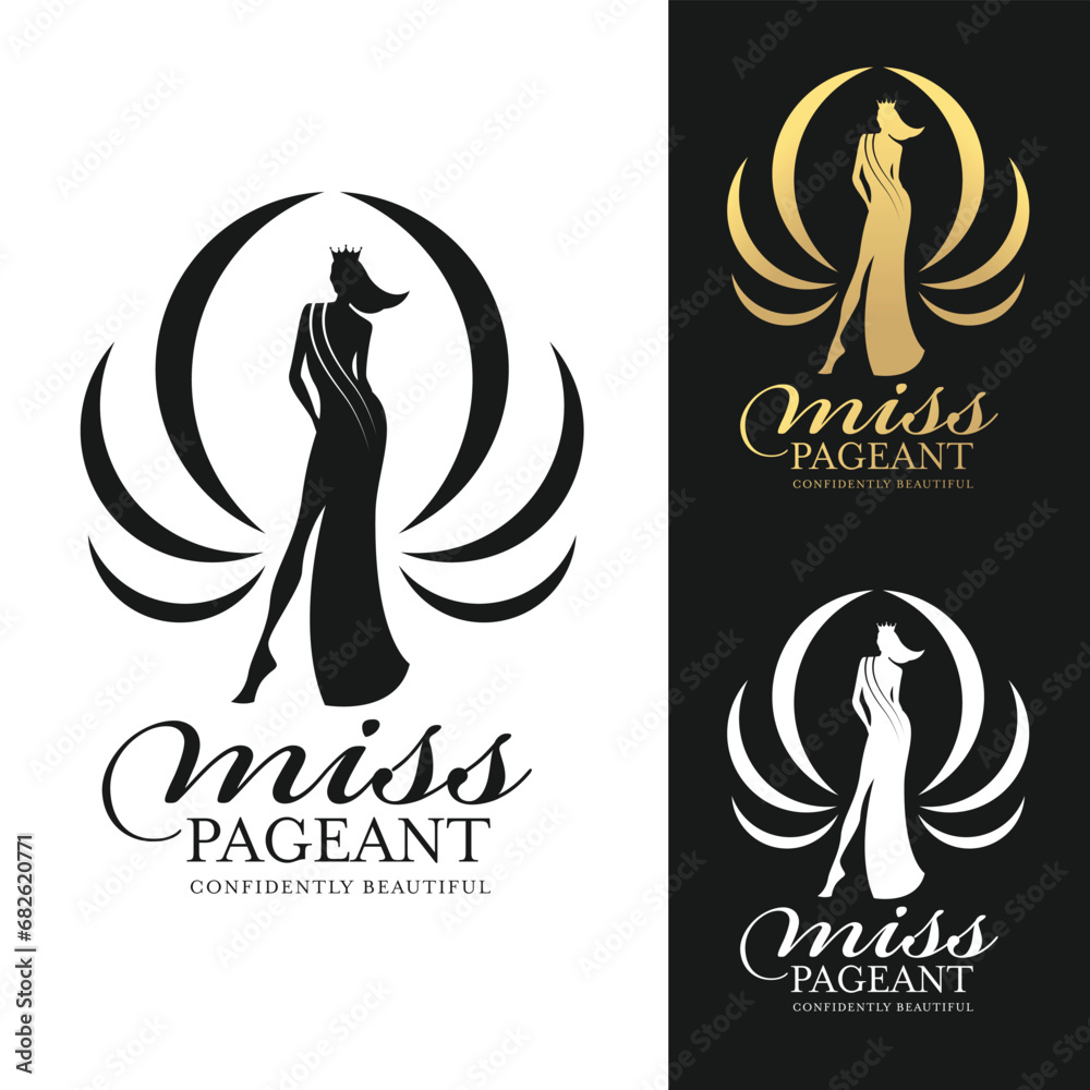 miss pageant logo with woman wear crown and line curve crown around ...