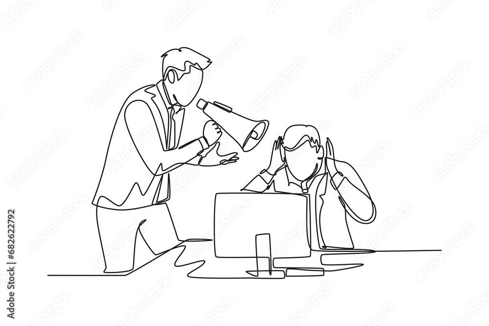 Single one line drawing young frustrated manager shouting his ...
