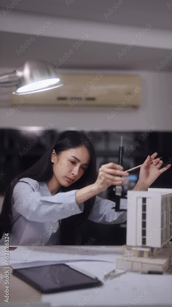 Asian female architect attentively checks models and green print ...