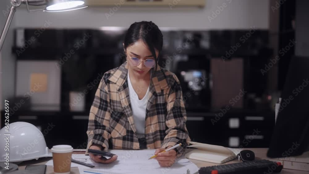 Dedicated Asian female architect diligently examines green print ...