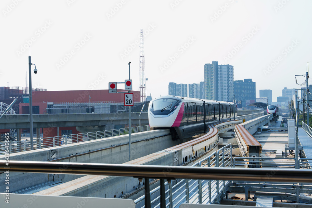 MRT pink line new train in Bangkok at Nonthaburi Civic Center station ...