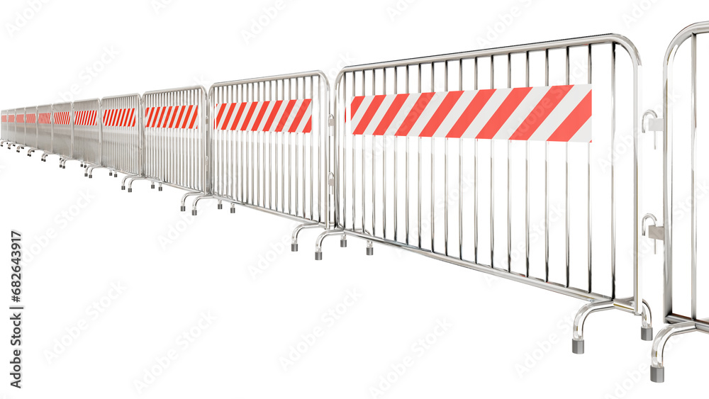 Featuring on a transparent background, a crowd control metal barrier is ...