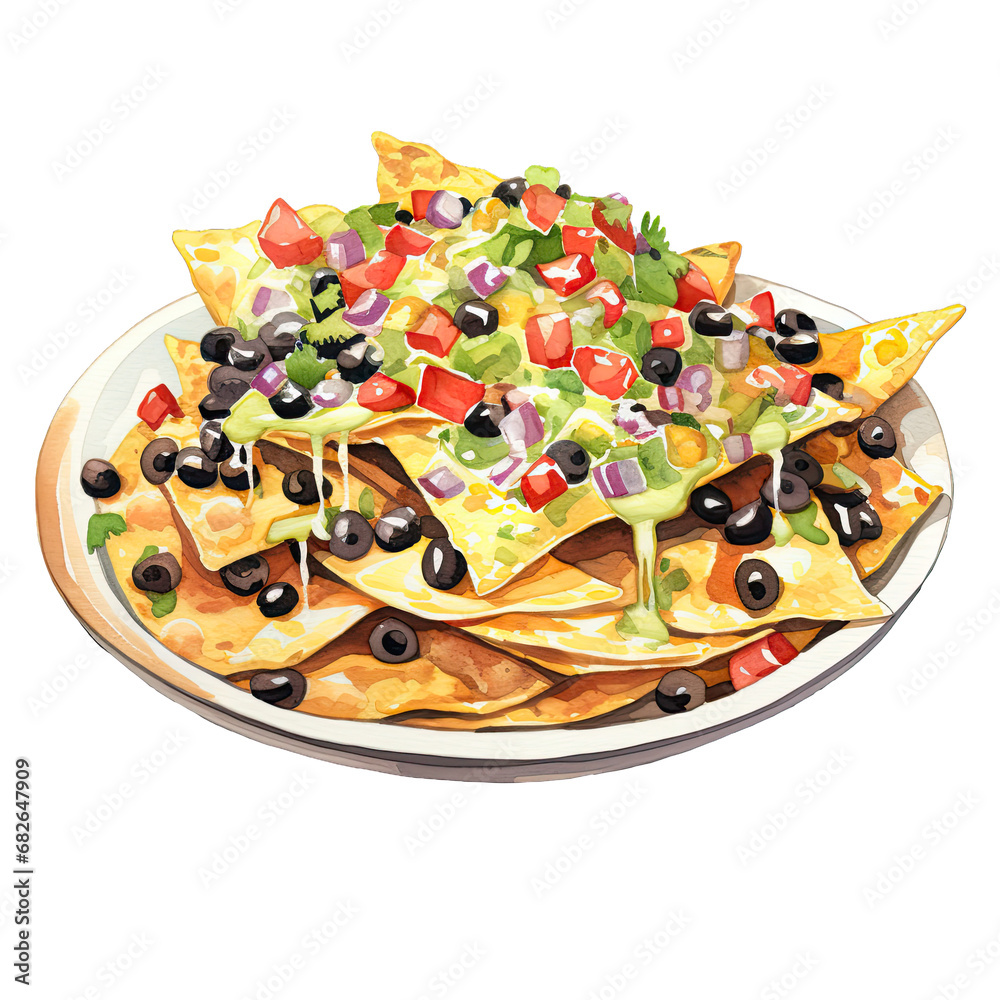 A plate of nachos watercolor clipart on transparent background ...