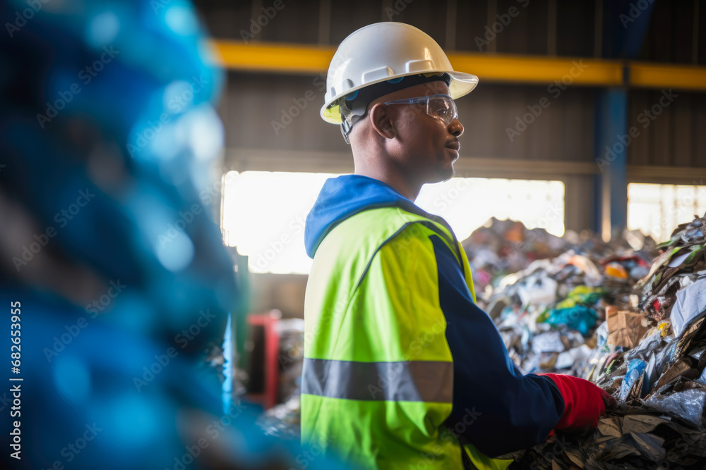 Male African American recycling worker looking at large piles materials ...