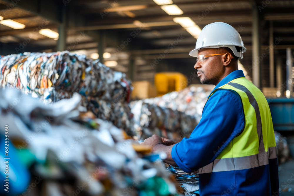 Foto de Male African American recycling worker looking at large piles ...