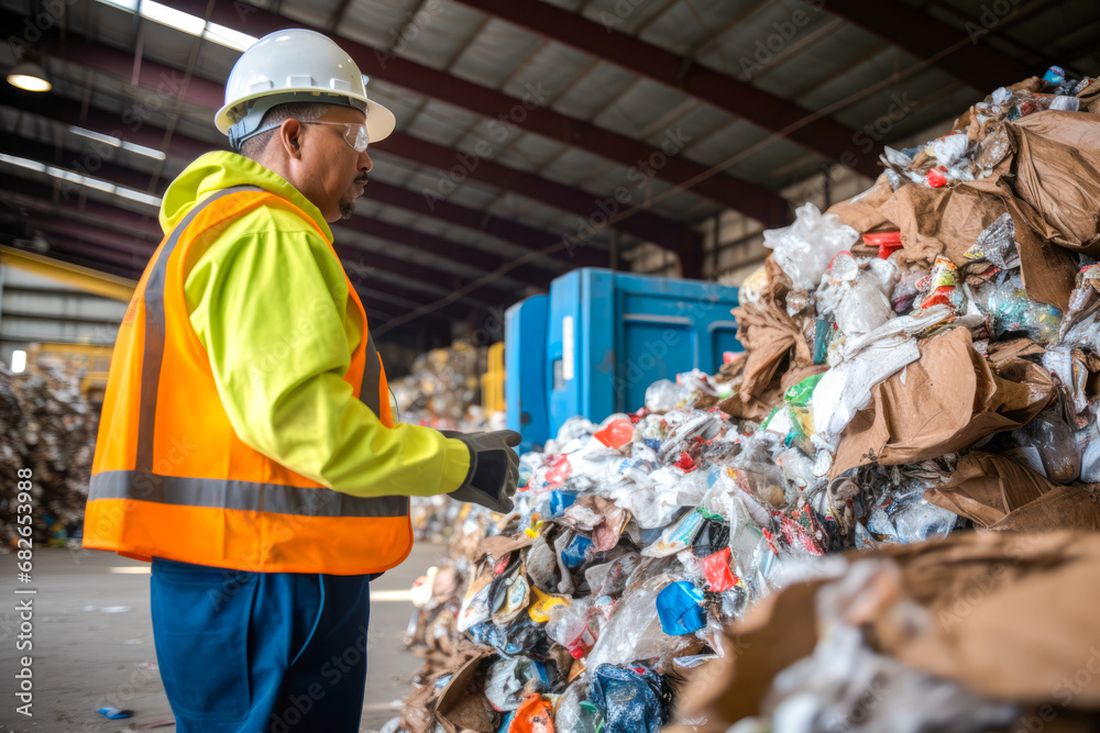 Foto de Male recycling worker looking at large piles materials at a ...