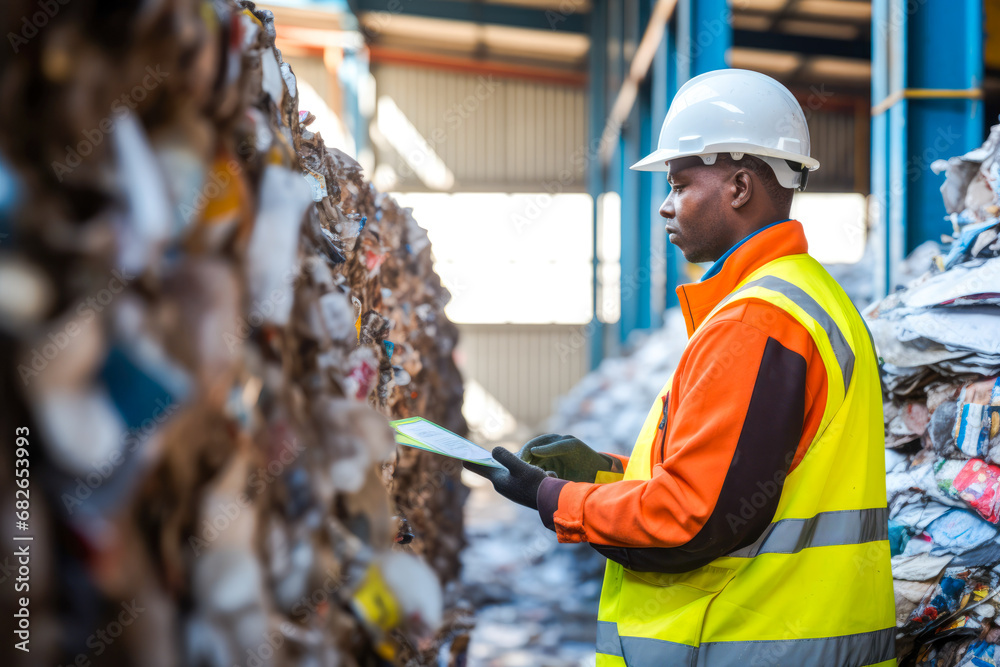 Male African American recycling worker inspecting large piles materials ...