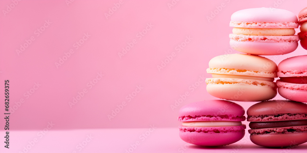 French cake macaron Set of cute sweets on pastel pink background almond ...
