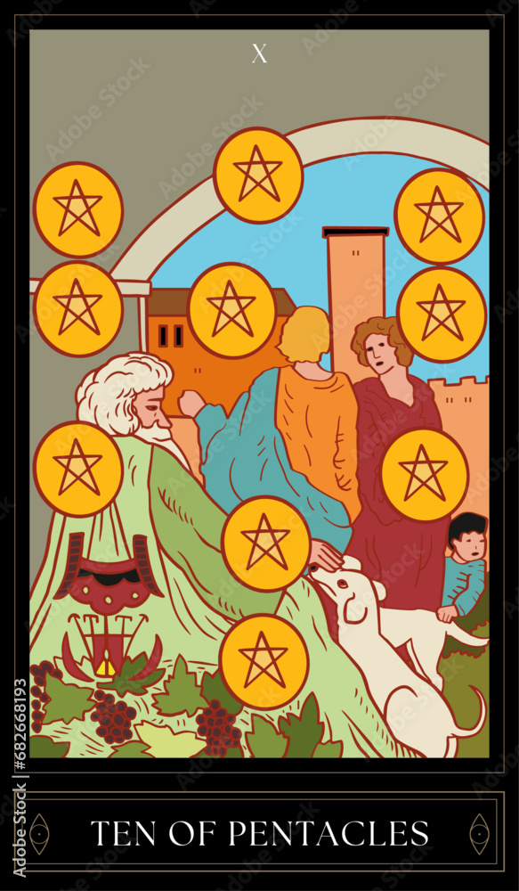 Tarot Card Illustration isolated on white background. ten of pentacles ...