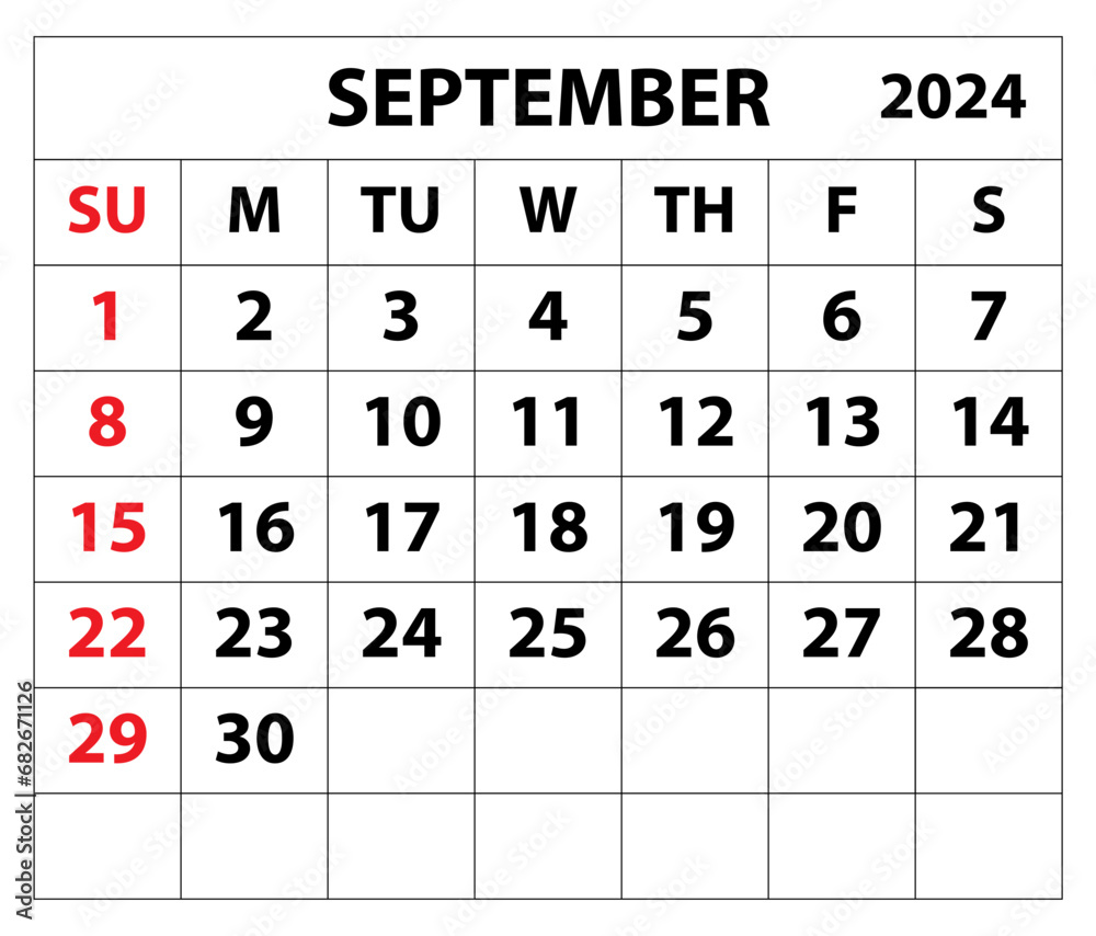 2024 SEPTEMBER month calendar Color vector illustrator calendar design ...