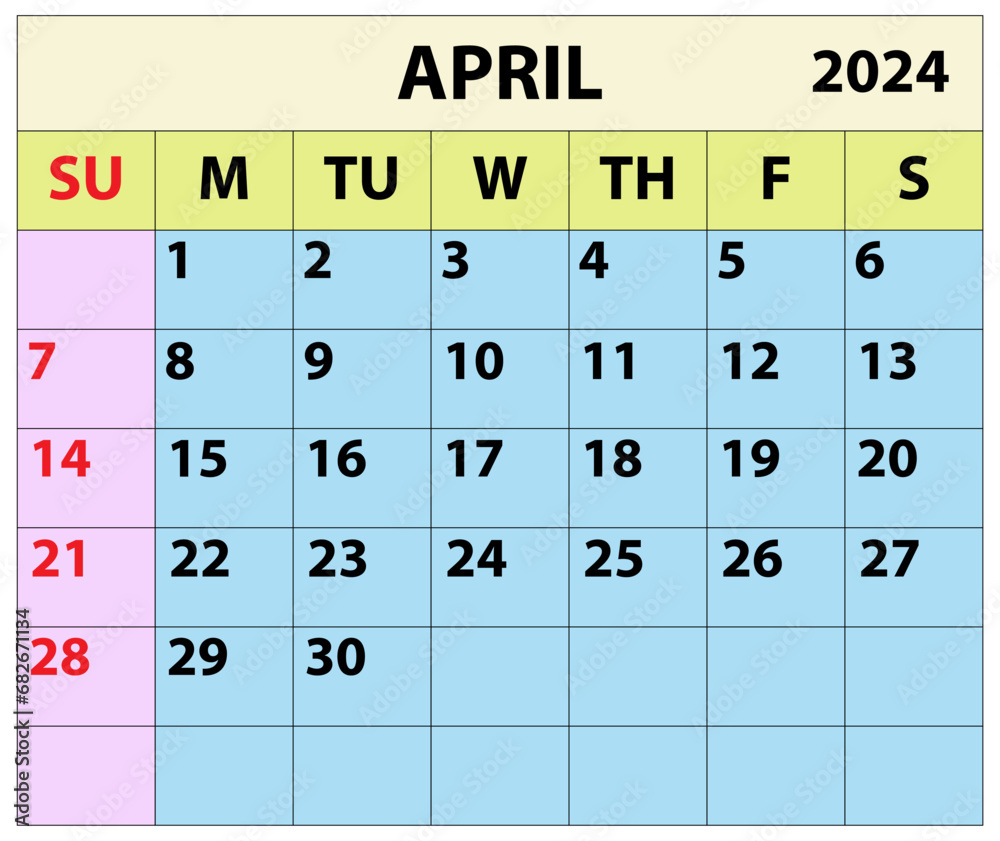2024 APRIL month calendar Color vector illustrator calendar design ...