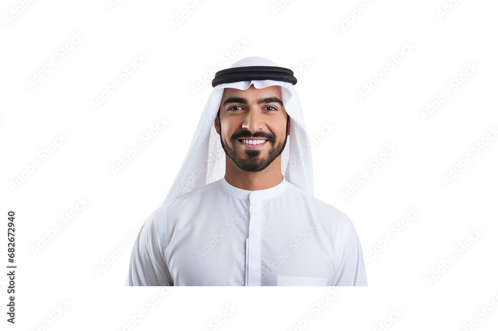Handsome young Arab Emirati man dressed in traditional clothing smiling ...