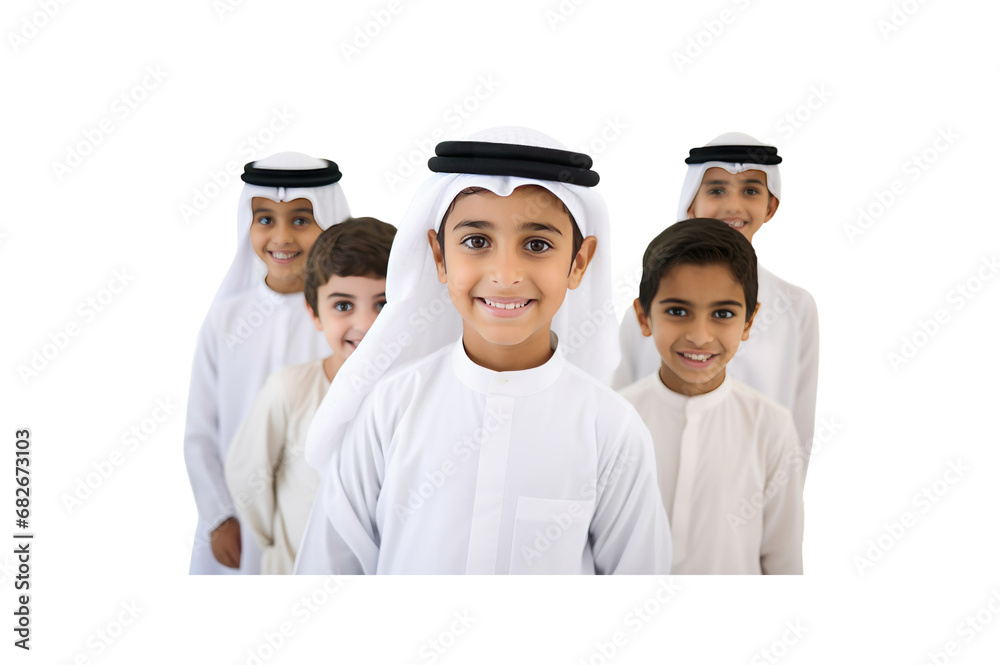 Emirati children wearing traditional clothing smile looking at the ...