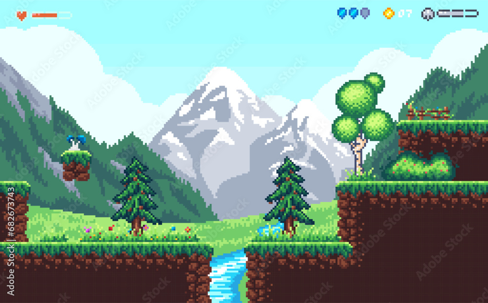 Valley location for a pixel platformer. Mockup includes tileset ...