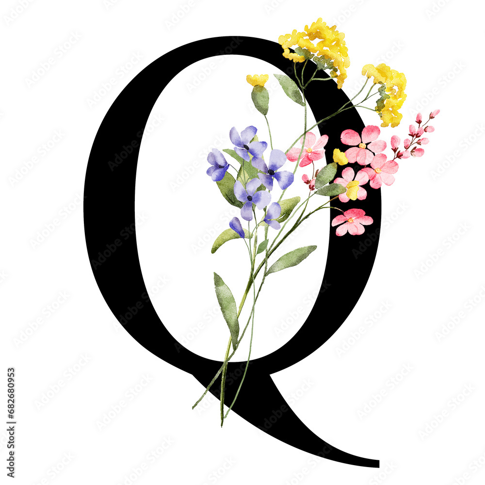 Letter Q, floral alphabet, wedding monogram with watercolor flowers ...
