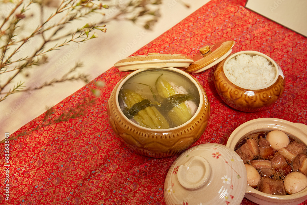 Family dinning table of Tet holiday or Lunar New Year with traditional ...