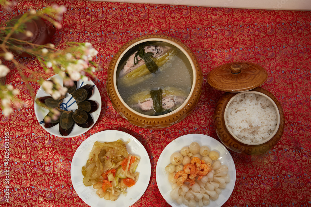 Family dinning table of Tet holiday or Lunar New Year with traditional ...