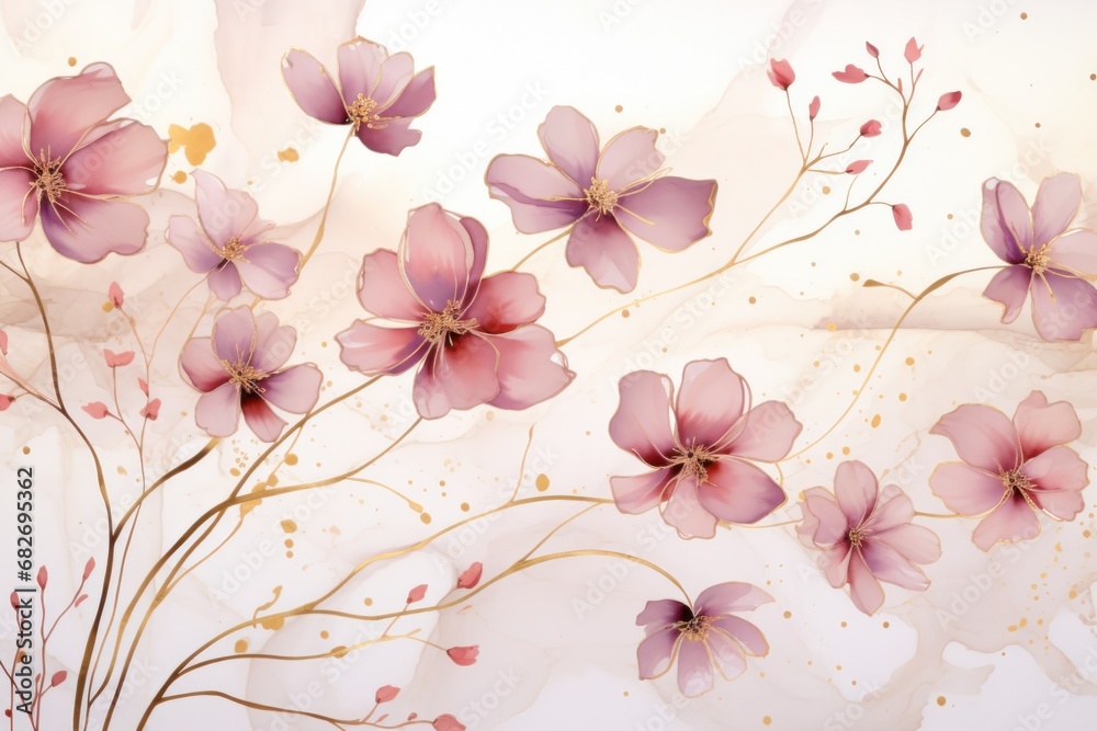 Graphic Gold line art Creeping Thyme flower half drop repeat pattern on ...