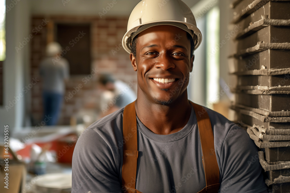 Smiling men bricklayer in work clothes on a construction site. Mason at ...