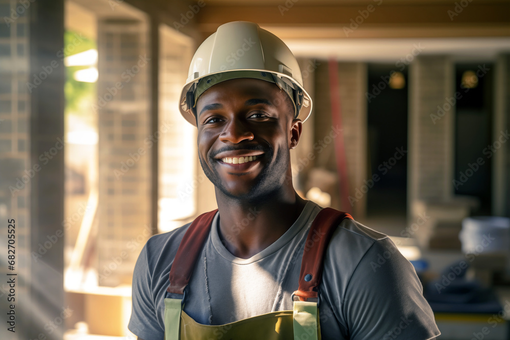 Smiling men bricklayer in work clothes on a construction site. Mason at ...