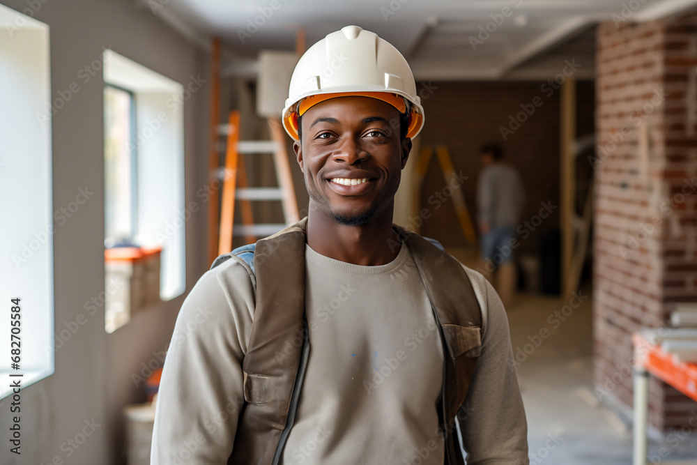 Smiling men bricklayer in work clothes on a construction site. Mason at ...